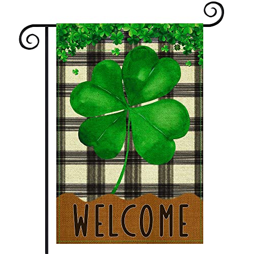 Spring Welcome Garden Flag Banner, Burlap Shamrock Clover Yard Flag Welcome Sign Banner for Farmhouse Yard Porch Door Decoration 12 x 18 Inches