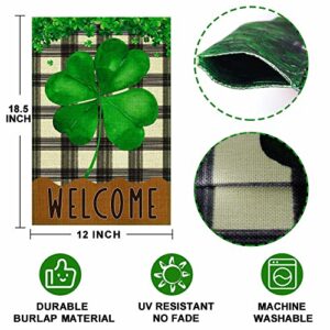 Spring Welcome Garden Flag Banner, Burlap Shamrock Clover Yard Flag Welcome Sign Banner for Farmhouse Yard Porch Door Decoration 12 x 18 Inches