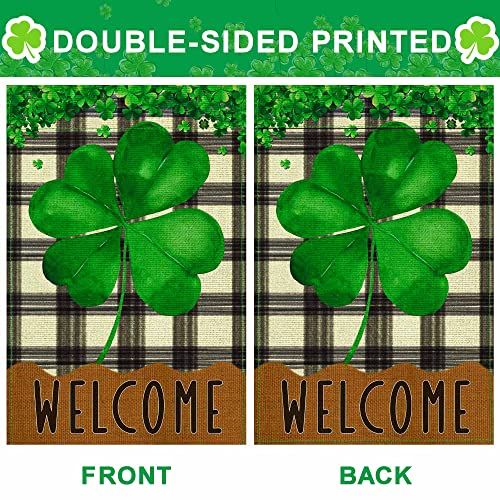 Spring Welcome Garden Flag Banner, Burlap Shamrock Clover Yard Flag Welcome Sign Banner for Farmhouse Yard Porch Door Decoration 12 x 18 Inches