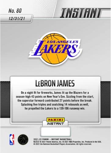 Lebron James Los Angeles Lakers Fanatics Exclusive Parallel Panini Instant James Scores a Season-High 43 Points Single Trading Card - Limited Edition of 99 - Unsigned Basketball Cards