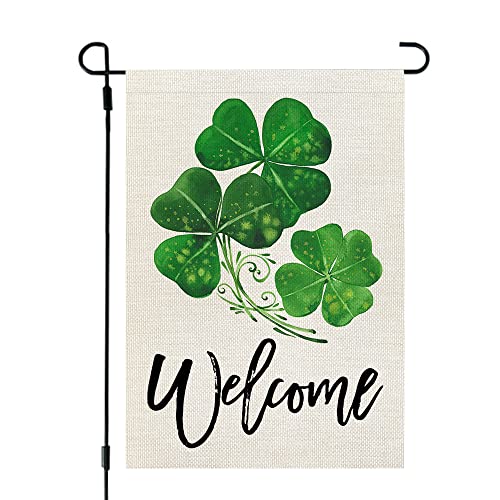 CROWNED BEAUTY St Patricks Day Garden Flag 12x18 Inch Double Sided for Outside Small Burlap Green Shamrocks Clovers Welcome Yard Holiday Flag CF722-12