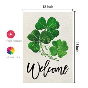 CROWNED BEAUTY St Patricks Day Garden Flag 12x18 Inch Double Sided for Outside Small Burlap Green Shamrocks Clovers Welcome Yard Holiday Flag CF722-12