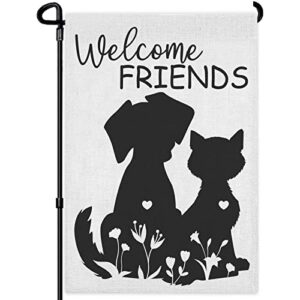 hosnye welcome friends garden flag 12×18 inch vertical double sided cut cat and dog black shadow garden flags rustic farmhouse yard outdoor decoration