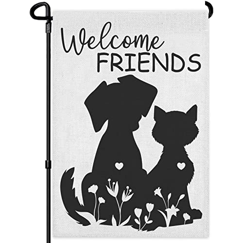 HOSNYE Welcome Friends Garden Flag 12x18 Inch Vertical Double Sided Cut Cat and Dog Black Shadow Garden Flags Rustic Farmhouse Yard Outdoor Decoration