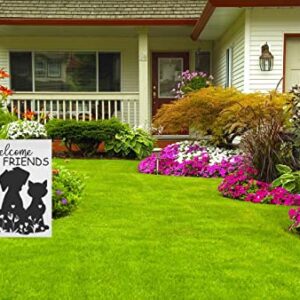 HOSNYE Welcome Friends Garden Flag 12x18 Inch Vertical Double Sided Cut Cat and Dog Black Shadow Garden Flags Rustic Farmhouse Yard Outdoor Decoration