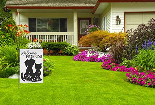 HOSNYE Welcome Friends Garden Flag 12x18 Inch Vertical Double Sided Cut Cat and Dog Black Shadow Garden Flags Rustic Farmhouse Yard Outdoor Decoration