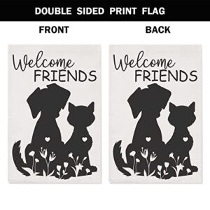 HOSNYE Welcome Friends Garden Flag 12x18 Inch Vertical Double Sided Cut Cat and Dog Black Shadow Garden Flags Rustic Farmhouse Yard Outdoor Decoration