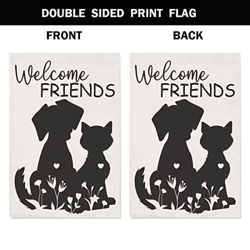 HOSNYE Welcome Friends Garden Flag 12x18 Inch Vertical Double Sided Cut Cat and Dog Black Shadow Garden Flags Rustic Farmhouse Yard Outdoor Decoration