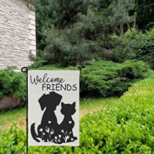 HOSNYE Welcome Friends Garden Flag 12x18 Inch Vertical Double Sided Cut Cat and Dog Black Shadow Garden Flags Rustic Farmhouse Yard Outdoor Decoration