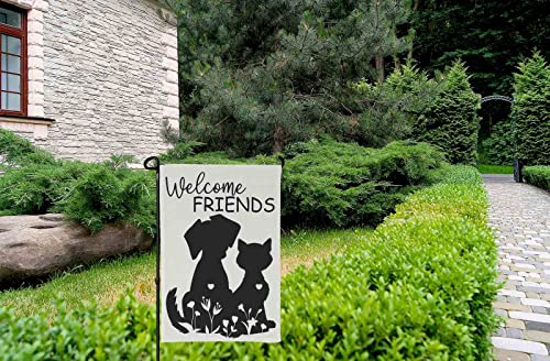 HOSNYE Welcome Friends Garden Flag 12x18 Inch Vertical Double Sided Cut Cat and Dog Black Shadow Garden Flags Rustic Farmhouse Yard Outdoor Decoration