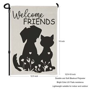 HOSNYE Welcome Friends Garden Flag 12x18 Inch Vertical Double Sided Cut Cat and Dog Black Shadow Garden Flags Rustic Farmhouse Yard Outdoor Decoration