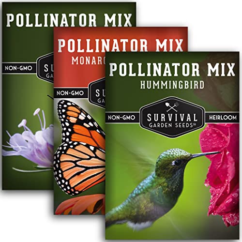 Survival Garden Seeds Pollinator Flower Collection - 3 Flower Seed Packs for Attracting Butterflies, Bees and Hummingbirds - Nectar & Pollen Rich Perennial & Annual Wildflowers - Non-GMO Heirloom