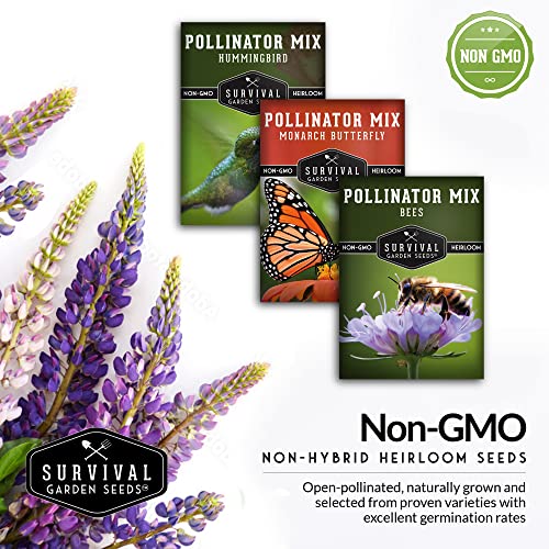 Survival Garden Seeds Pollinator Flower Collection - 3 Flower Seed Packs for Attracting Butterflies, Bees and Hummingbirds - Nectar & Pollen Rich Perennial & Annual Wildflowers - Non-GMO Heirloom