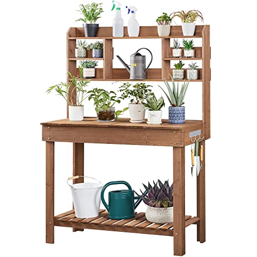 Yaheetech Potting Bench Table - Germination Table & Outdoor Garden Work Bench Platform w/Display Rack/Storage Shelf/Hanger/Thoughtful Sink - Brown