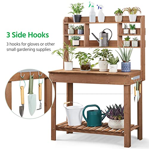 Yaheetech Potting Bench Table - Germination Table & Outdoor Garden Work Bench Platform w/Display Rack/Storage Shelf/Hanger/Thoughtful Sink - Brown