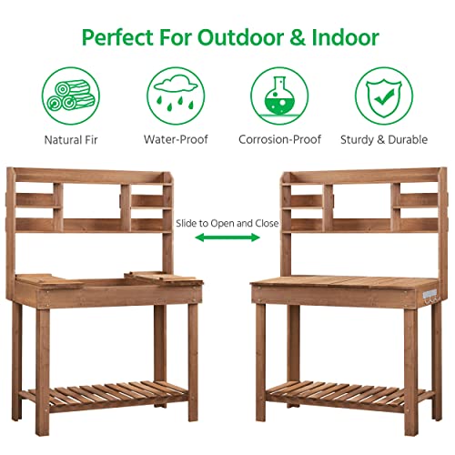 Yaheetech Potting Bench Table - Germination Table & Outdoor Garden Work Bench Platform w/Display Rack/Storage Shelf/Hanger/Thoughtful Sink - Brown