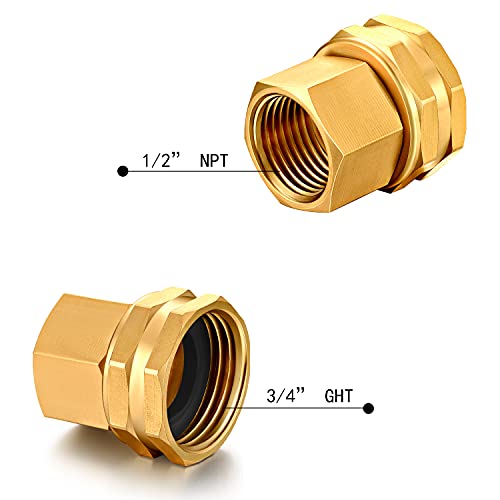 YELUN Solid brass Garden Hose Fittings Connectors Adapter Heavy Duty Brass Repair Female to Female Double Female dual water hose connector(3/4" GHT Female to 1/2" NPT Female) 2 Pcs