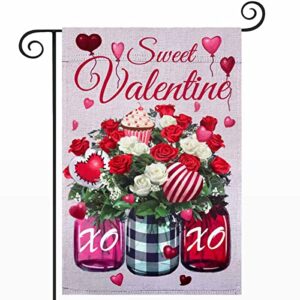 sweet valentines day garden flag, hogardeck 12.5×18 inch vertical double sided xo mason jar flower yard flag, farmhouse rustic outdoor valentines day decor