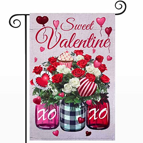 Sweet Valentines Day Garden Flag, hogardeck 12.5x18 Inch Vertical Double Sided XO Mason Jar Flower Yard Flag, Farmhouse Rustic Outdoor Valentines Day Decor