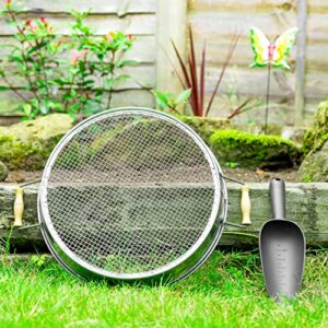 IDSWorld Galvanized Garden Sieve Compost Dirt Soil Shifter Round Riddle Screen Pan Strong Mesh Wooden Handles with Plastic Gardening Scoop