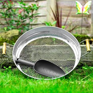 IDSWorld Galvanized Garden Sieve Compost Dirt Soil Shifter Round Riddle Screen Pan Strong Mesh Wooden Handles with Plastic Gardening Scoop