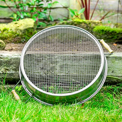 IDSWorld Galvanized Garden Sieve Compost Dirt Soil Shifter Round Riddle Screen Pan Strong Mesh Wooden Handles with Plastic Gardening Scoop