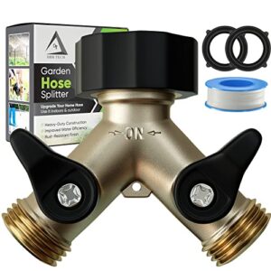 heavy duty 2 way hose splitter (premium brass for superior durability), wye garden hoses connector for water spigot faucet bib tap, double shut off valve, y adapter, rust-resistant finish, zero leaks