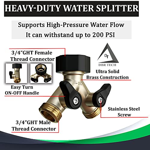 Heavy Duty 2 Way Hose Splitter (Premium Brass for Superior Durability), Wye Garden Hoses Connector for Water Spigot Faucet Bib Tap, Double Shut Off Valve, Y Adapter, Rust-Resistant Finish, Zero Leaks