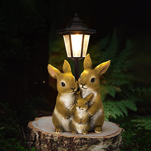 POTEY Garden Statues, Rabbit Garden Sculptures & Statues Outdoor with Solar Lights, Garden Decor Housewarming Gifts Lights for Patio, Yard, Balcony Decorations (Rabbit Family)