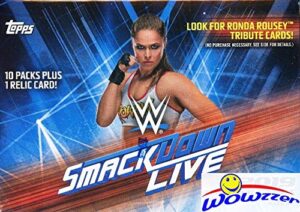 2019 topps wwe smackdown live! exclusive factory sealed retail box with relic card! look for cards & autographs of wwe superstars triple h, ronda rousey, kevin owens, alexa bliss & many more! wowzzer!