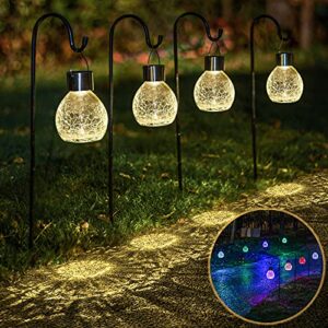 ekq 4 pack hanging solar lights set with shepherd hooks, outdoor color changing solar powered waterproof landscape lanterns with crackle glass ball design pathway decoration