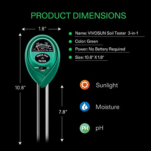 VIVOSUN Soil Tester, 3-in-1 Plant Moisture Meter Light and PH Tester for Home, Garden, Lawn, Farm, Indoor and Outdoor Use, Promote Plants Healthy Growth