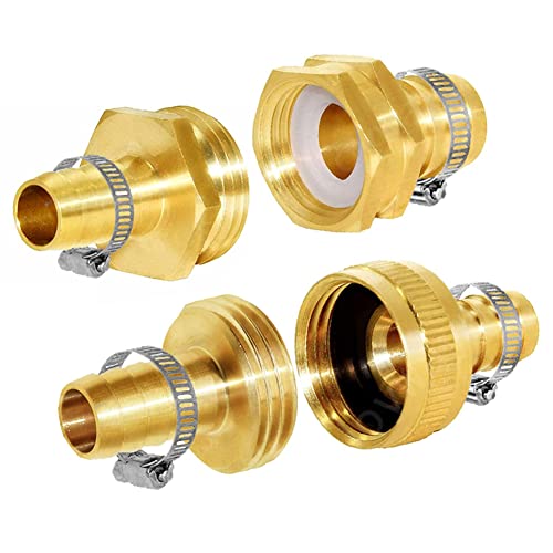 Joywayus Brass 1/2" Barb x 3/4“GHT Thread Swivel Knurling and Hex Garden Water Hose Pipe Repair Connector Fitting with Stainless Clamp (4PCS)