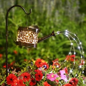 amwgimi solar garden lights pathway outdoor,dew drop water can garden stake metal lights decorative yard art waterproof led garden lights,for patio yard walkway pathway lawn decorations