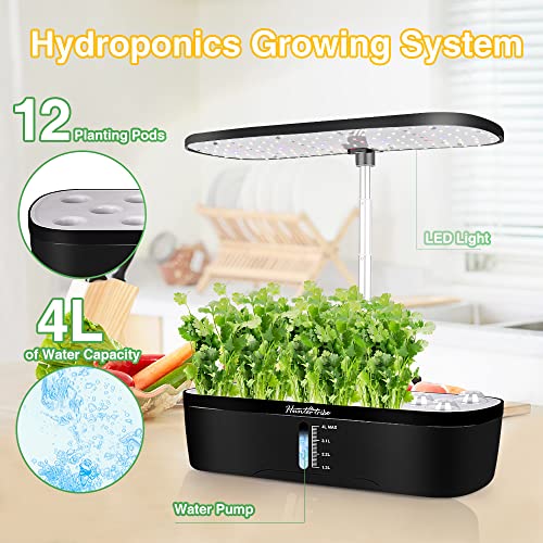 Hydroponics Growing System 12 Pods Indoor Herb Garden Kit with Led Grow Light Automatic Timer Smart Germination Kit Garden Planter 4L Large Leakproof Water Tank