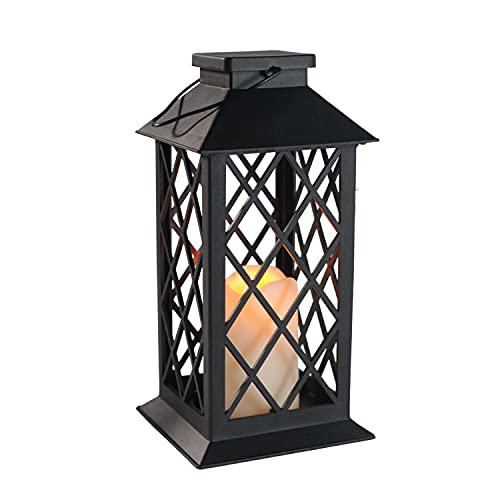 HUADADA 11" Outdoor Garden Decorative Candle Lantern with LED Flamelss Candle,Flicher LED Light and Plastic Candle,Tabletop or Hanging Lantern