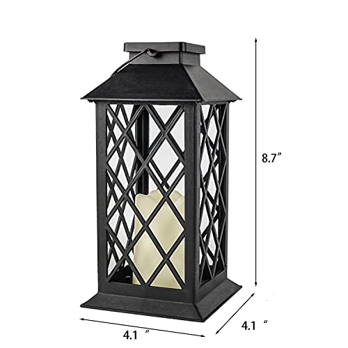 HUADADA 11" Outdoor Garden Decorative Candle Lantern with LED Flamelss Candle,Flicher LED Light and Plastic Candle,Tabletop or Hanging Lantern