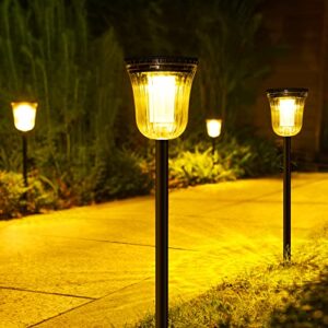 jsot 200 lumens solar pathway lights,4 pack solar outdoor landscape path lights waterproof,bright solar driveway lights,ip65 long last led solar walkway light for garden,lawn,path.(warm/white light)