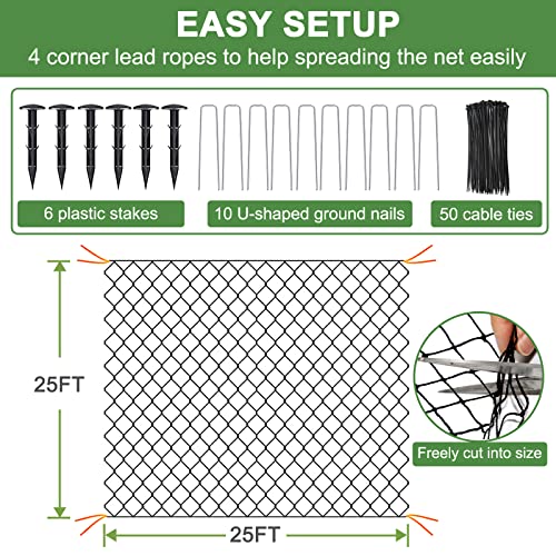 Bird Netting for Garden Protection - 25x25ft Poultry Netting for Chicken Coop, 1” Mesh Heavy Duty Garden Net, Fruit Tree Netting for Blueberry Bushes, Vegetable Against Squirrels, Deer