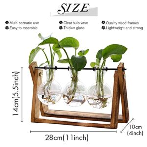 XXXFLOWER Plant Terrarium with Wooden Stand, Air Planter Bulb Glass Vase Metal Swivel Holder Retro Tabletop for Hydroponics Home Garden Office Decoration - 3 Bulb Vase