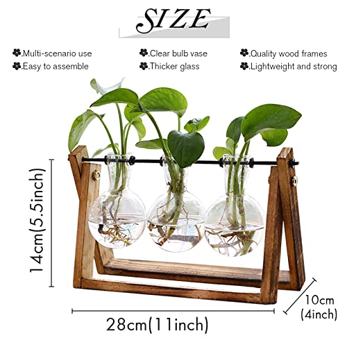 XXXFLOWER Plant Terrarium with Wooden Stand, Air Planter Bulb Glass Vase Metal Swivel Holder Retro Tabletop for Hydroponics Home Garden Office Decoration - 3 Bulb Vase