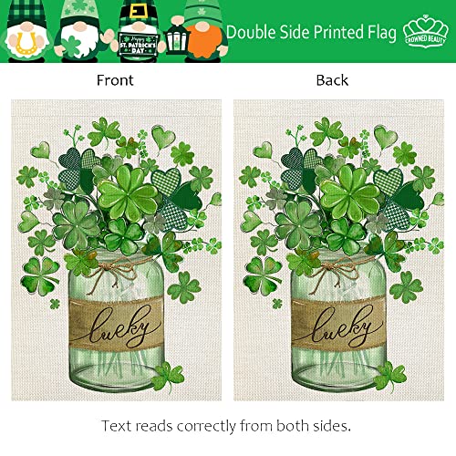 CROWNED BEAUTY St Patricks Day Garden Flag 12x18 Inch Double Sided for Outside Small Burlap Green Shamrocks Clovers Mason Jar Lucky Welcome Yard Holiday Flag CF727-12