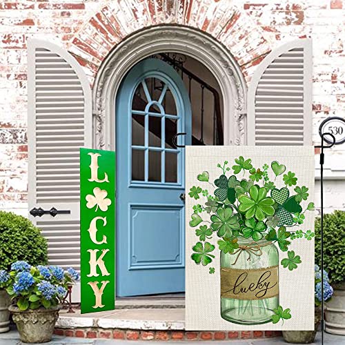 CROWNED BEAUTY St Patricks Day Garden Flag 12x18 Inch Double Sided for Outside Small Burlap Green Shamrocks Clovers Mason Jar Lucky Welcome Yard Holiday Flag CF727-12