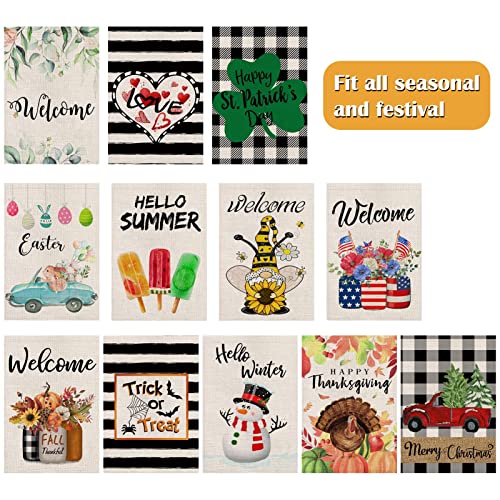 Seasonal Garden Flags Set of 12 Double Sided 12 x 18 Fall Welcome Gnome Garden Flags Burlap Small Yard Flag Holiday Set for Christmas Halloween Thanksgiving And More