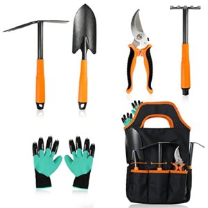 hemoplt gardening tools, 6-piece heavy duty garden tool set, rust-proof gardening hand tools with durable organizer handbag, outdoor hand tools, ideal garden tool kit gifts for women and men