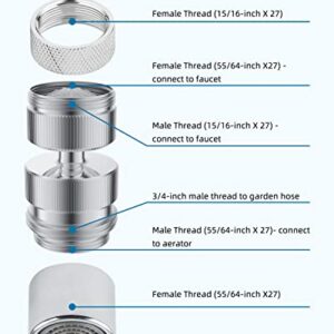 Faucet to Garden Hose Adapter Kit, Sink Hose Attachment Faucet Adapter to Garden Hose 360-degree Swivel with Removable Faucet Aerator Garden Hose Sink Adapter Including Female Adapter- Chrome Finished