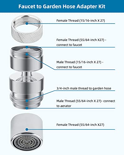 Faucet to Garden Hose Adapter Kit, Sink Hose Attachment Faucet Adapter to Garden Hose 360-degree Swivel with Removable Faucet Aerator Garden Hose Sink Adapter Including Female Adapter- Chrome Finished