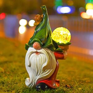 Gnomes Garden Decorations, Solar Powered Garden Gnomes Figurine for Home Patio Yard Lawn Porch Decorations, 10 Inches Large Outdoor Gnome Statue Sculptures with Solar Lights