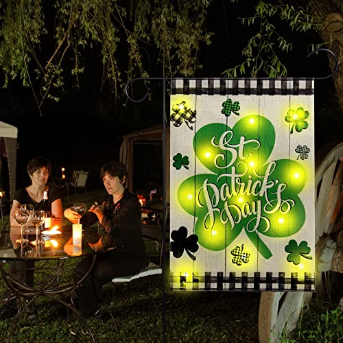 St Patricks Day Lighted Garden Flag 12x18 Double Sided Buffalo Check Plaid Durable Burlap Shamrock Garden Flag with Led Lights for Lawn Party St Patricks Day Outdoor Decorations (Style 1)