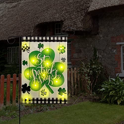 St Patricks Day Lighted Garden Flag 12x18 Double Sided Buffalo Check Plaid Durable Burlap Shamrock Garden Flag with Led Lights for Lawn Party St Patricks Day Outdoor Decorations (Style 1)